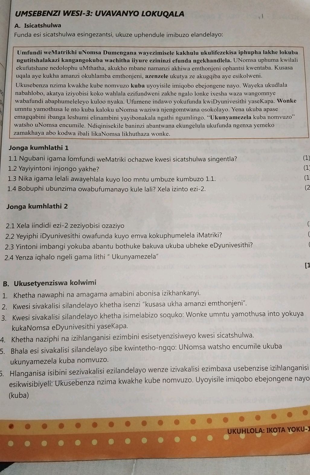 UMSEBENZI WESI-3: UVAVANYO LOKUQALA A. | StudyX