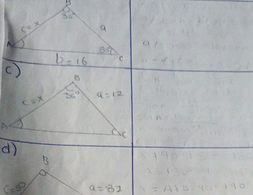 c) $ ABC$, $b=16$, $ B = 35^ $, $ C = x$ | StudyX