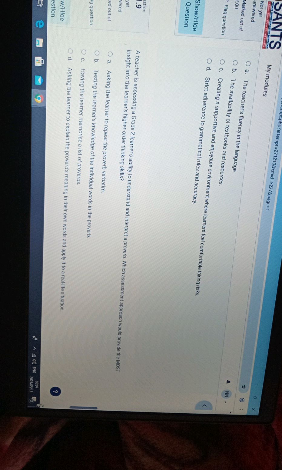 A teacher is assessing a Grade 2 learner's | StudyX