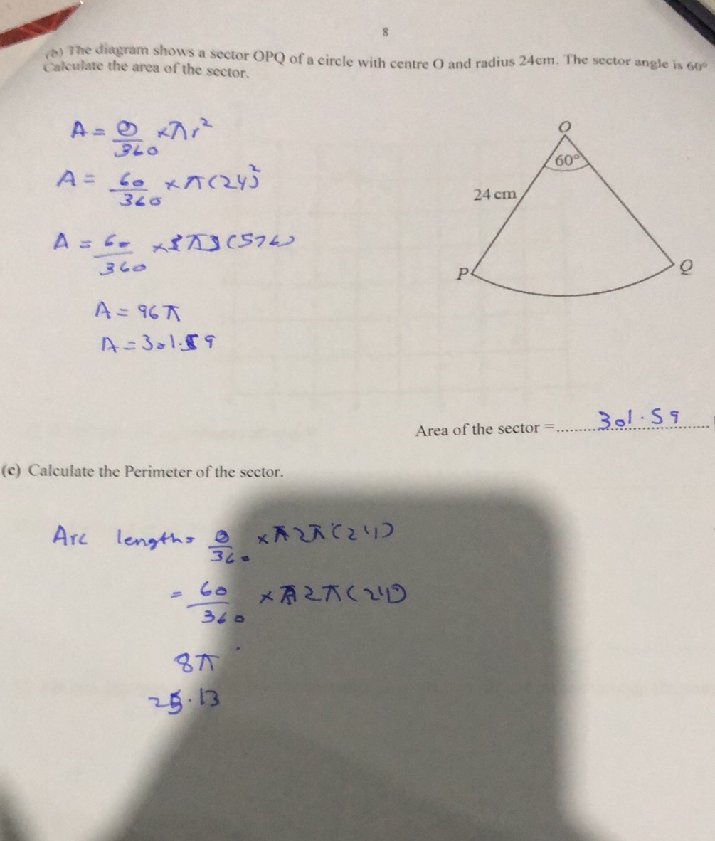 (b) The diagram shows a sector OPQ of a