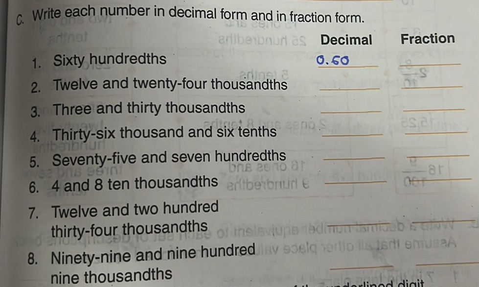 C. Write each number in decimal form and in | StudyX