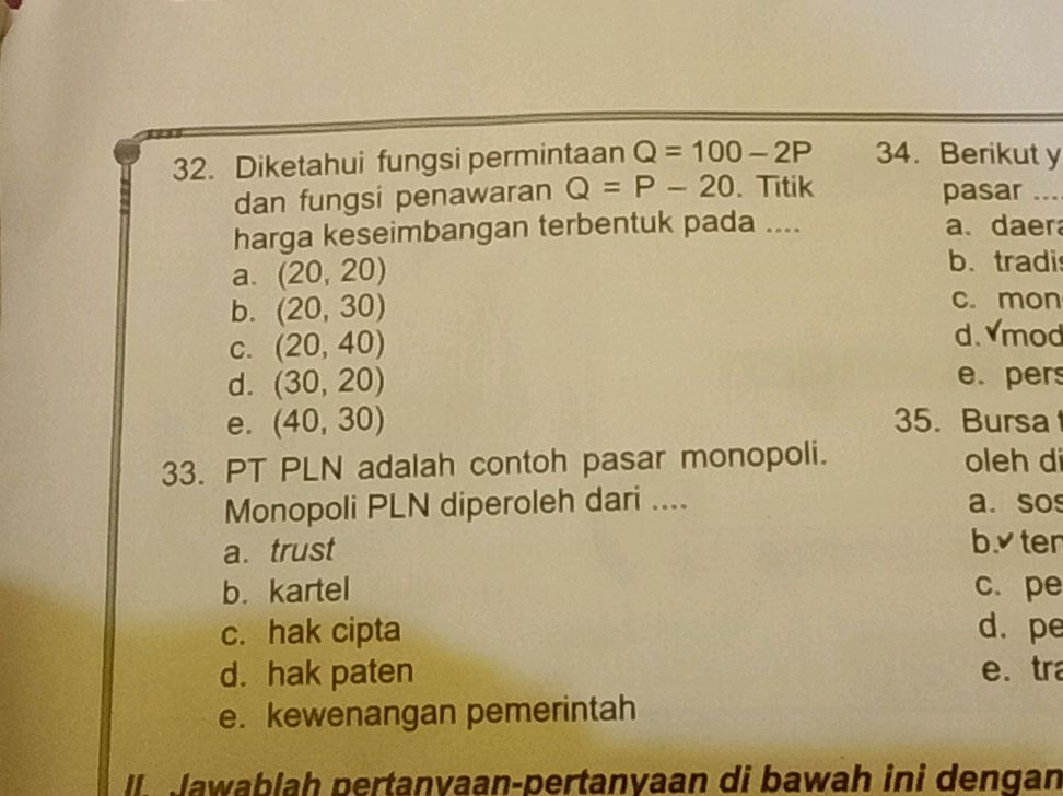 32. Diketahui fungsi permintaan Q = 100 - 2P | StudyX