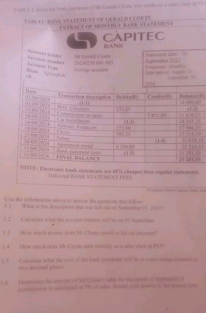 TABLE I: BANK STATEMENT OF GERALD CLOETE | | StudyX