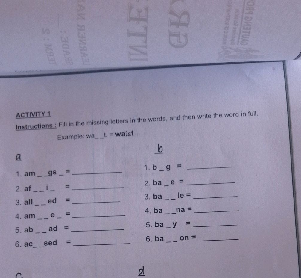 ACTIVITY 1 Instructions: Fill in the missing | StudyX