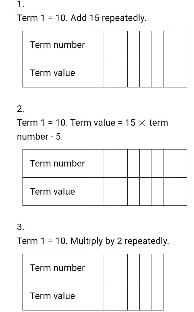 1. Term 1 = 10. Add 15 repeatedly. | Term | StudyX