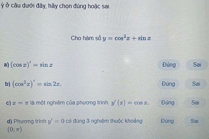 Cho hàm số $y = cos^2x + sinx$. a) $(cos | StudyX