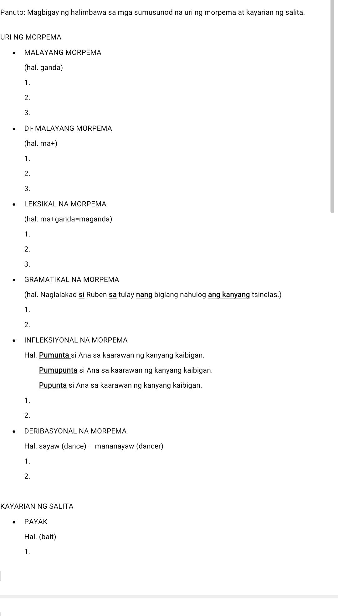 Panuto: Magbigay ng halimbawa sa mga | StudyX