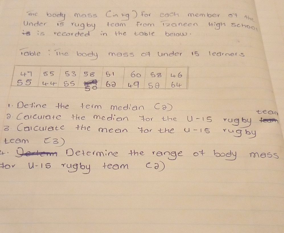The body mass (in kg) for each member of the | StudyX