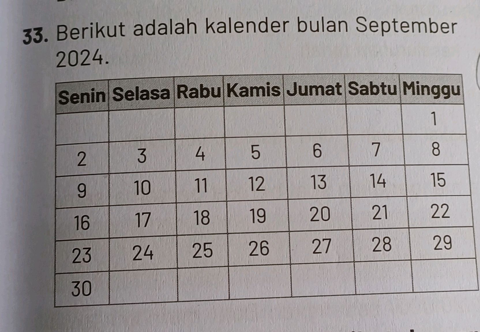 33. Berikut adalah kalender bulan September | StudyX