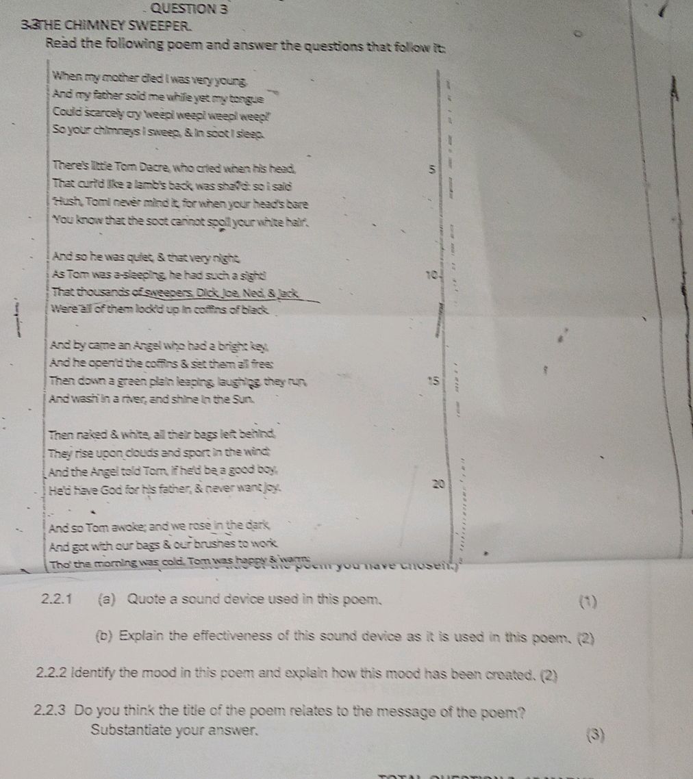 QUESTION 3 3.3 THE CHIMNEY SWEEPER. Read the | StudyX