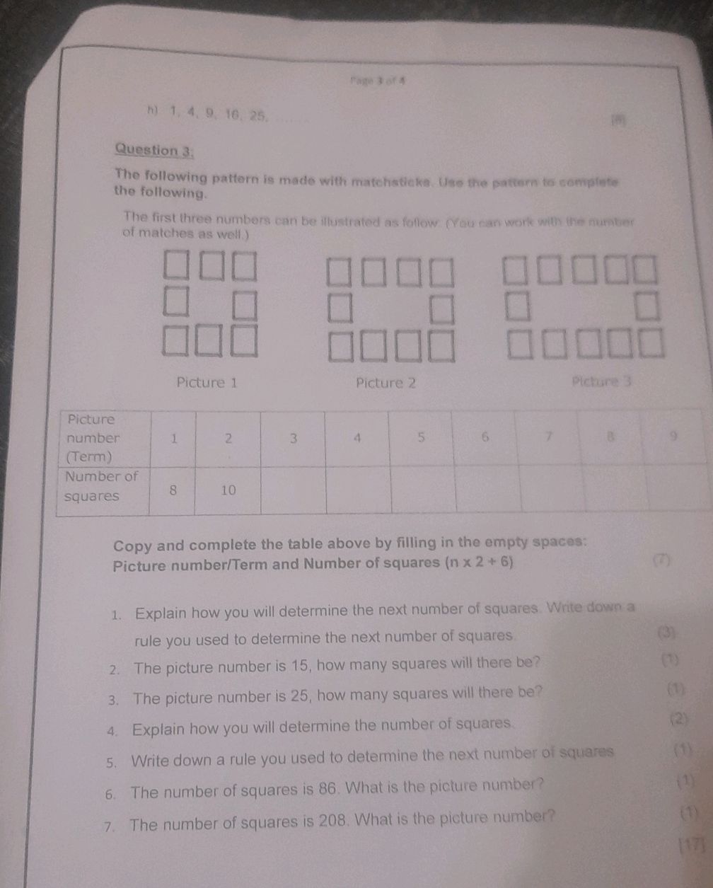 h) 1, 4, 9, 16, 25, Question 3. The | StudyX