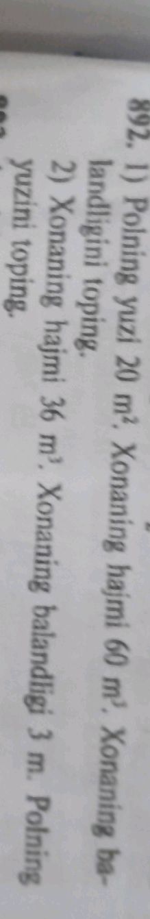 892. 1) Polning yuzi 20 m². Xonaning hajmi | StudyX