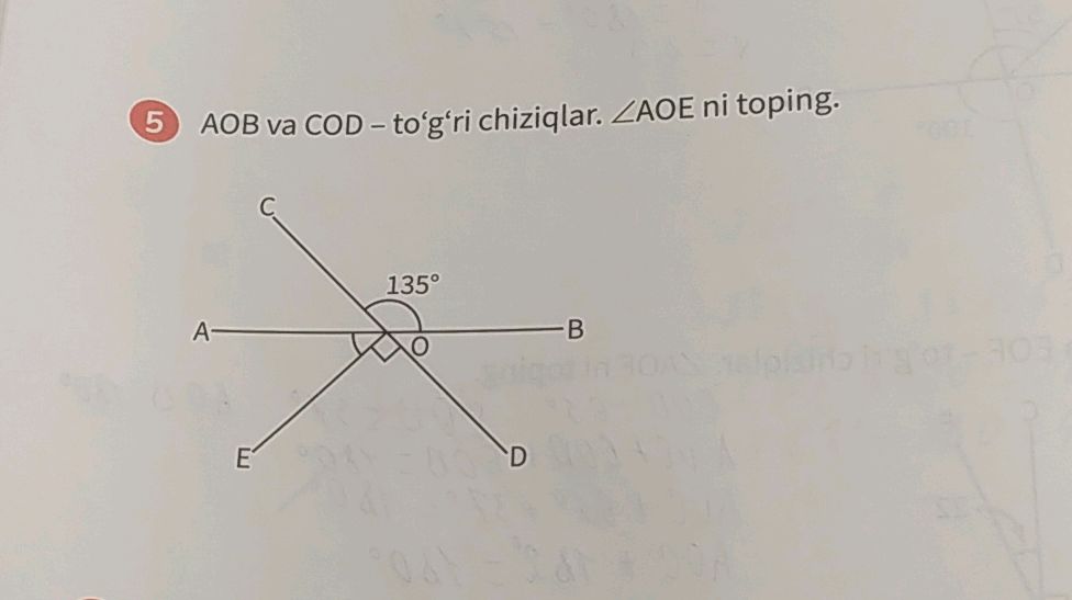 AOB va COD - to'g'ri chiziqlar. ∠AOE ni | StudyX