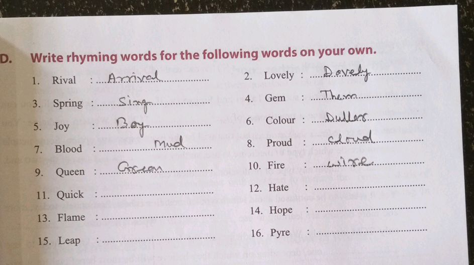 Write rhyming words for the following words | StudyX