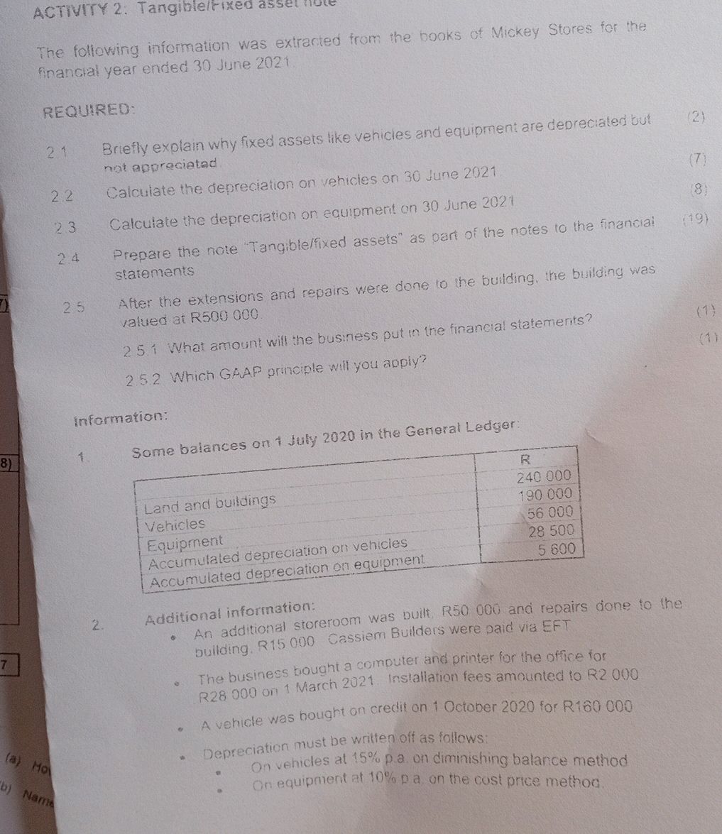 ACTIVITY 2: Tangible/Fixed asset note The | StudyX