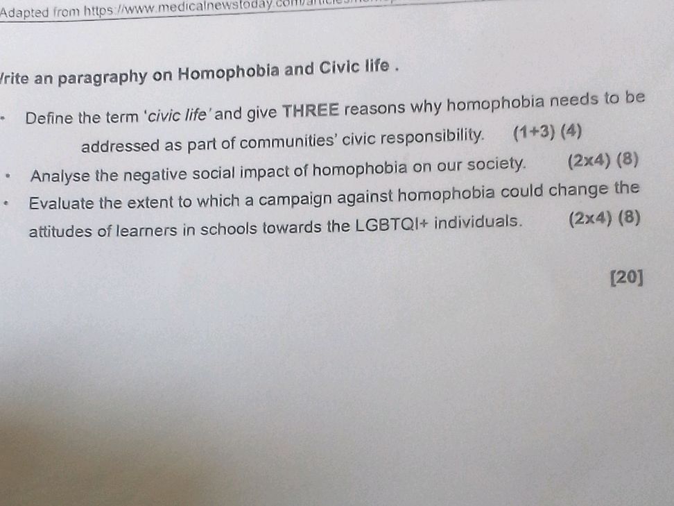 Write an paragraphy on Homophobia and Civic | StudyX