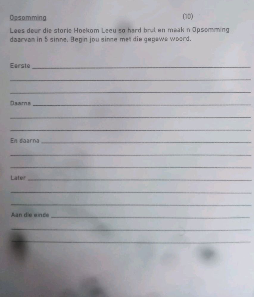 Opsomming Lees deur die storie Hoekom Leeu | StudyX