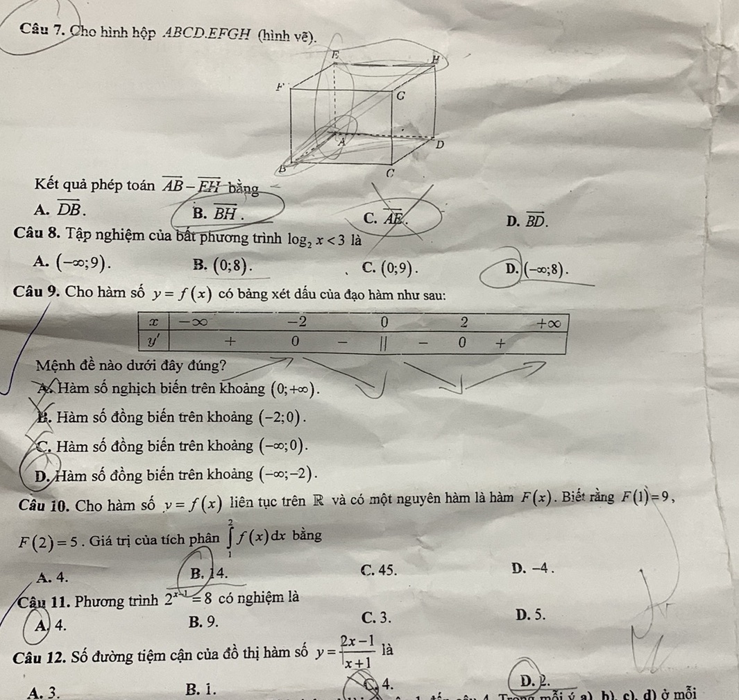 Câu 7. Cho hình hộp ABCDEFGH (hình vẽ). Kết | StudyX