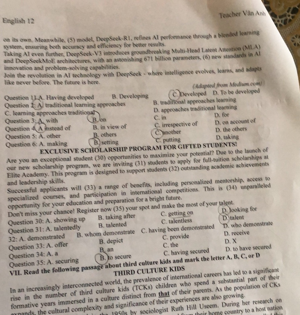 Question 1: A. Having developed B. | StudyX