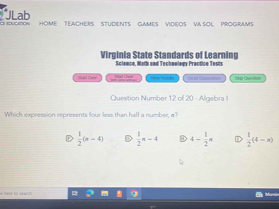Which expression represents four less than | StudyX