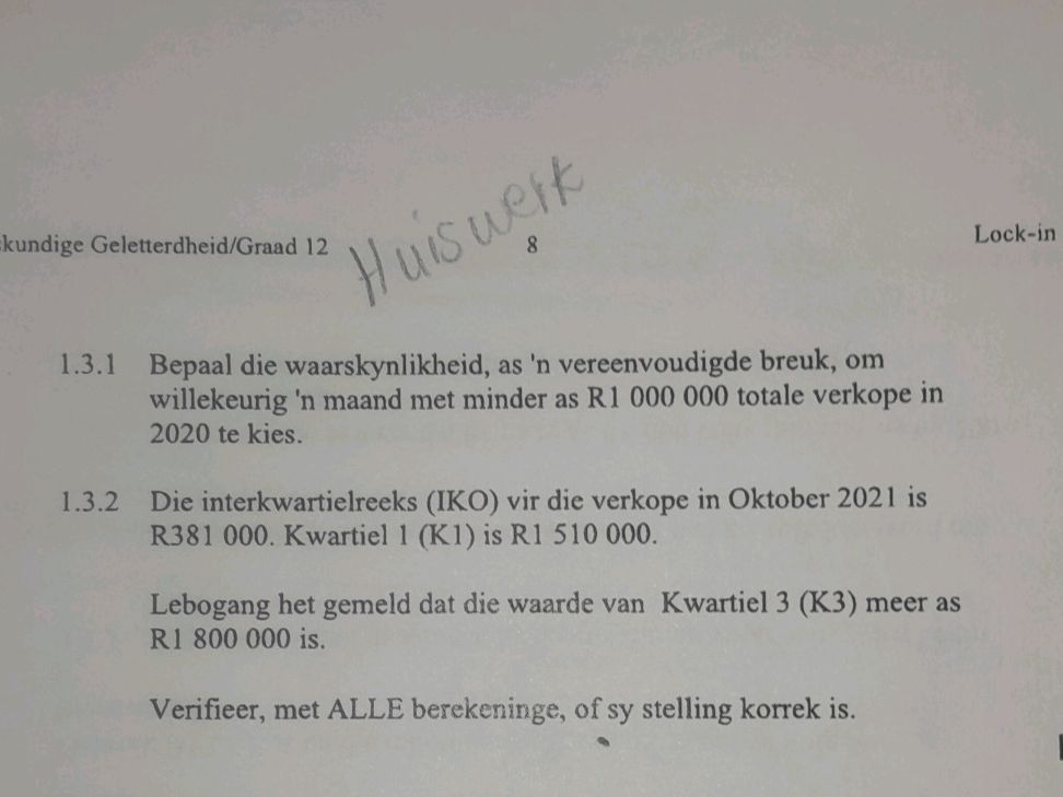 1.3.1 Bepaal die waarskynlikheid, as 'n | StudyX