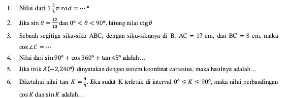 1. Nilai dari $1 {2}{3} rad = ...^{ }$ 2. | StudyX