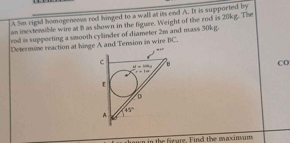 A 5m rigid homogeneous rod hinged to a wall | StudyX