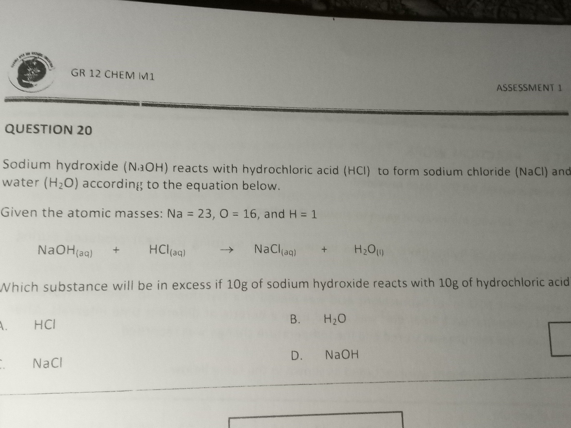 Sodium hydroxide (NaOH) reacts with | StudyX