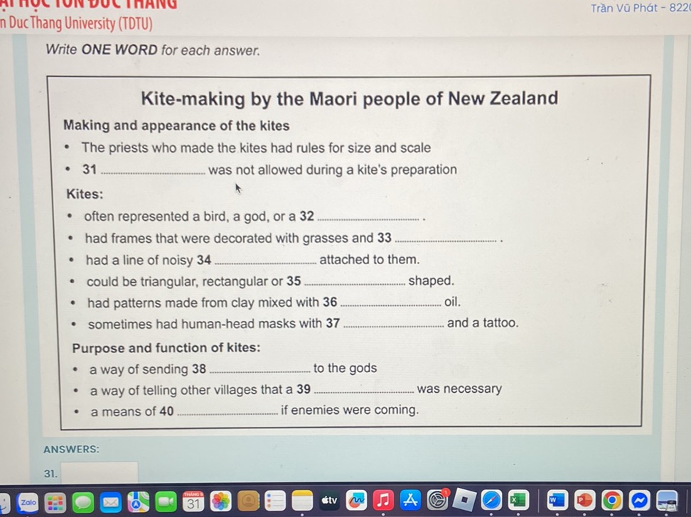 Write ONE WORD for each answer. Kite-making | StudyX