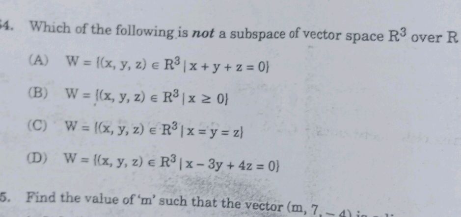 54. Which of the following is not a subspace | StudyX
