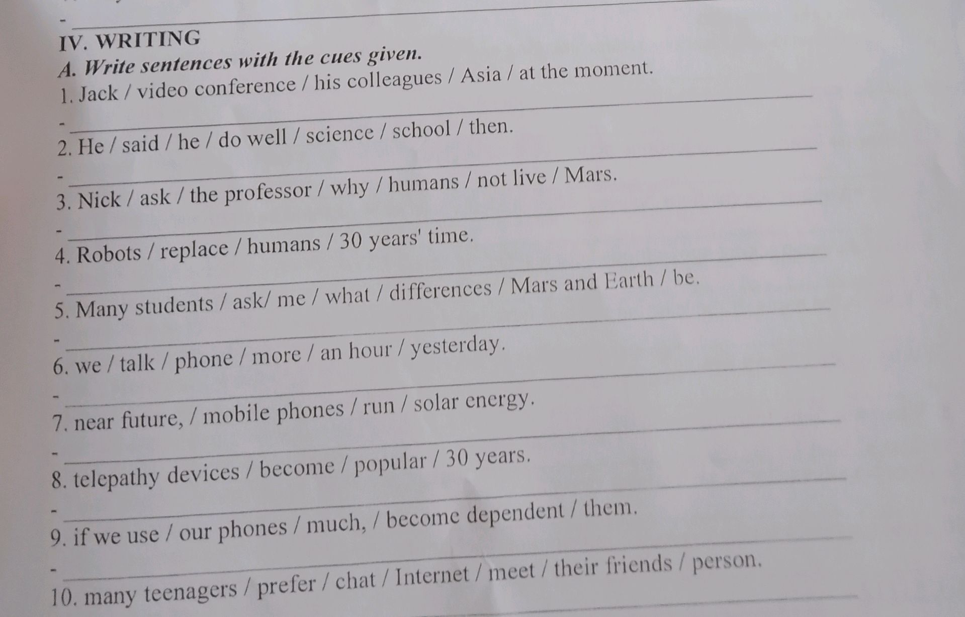 IV. WRITING A. Write sentences with the | StudyX