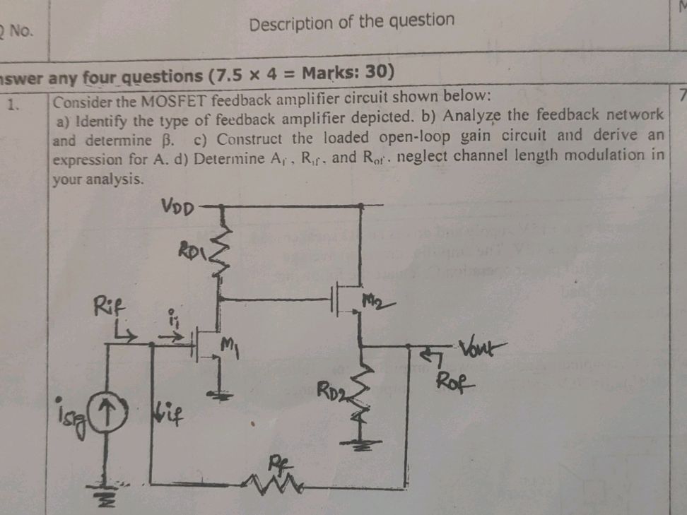 1. Consider the MOSFET feedback amplifier | StudyX