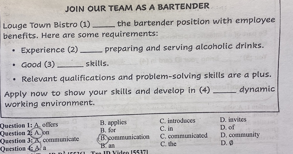 Louge Town Bistro (1) ______ the bartender | StudyX