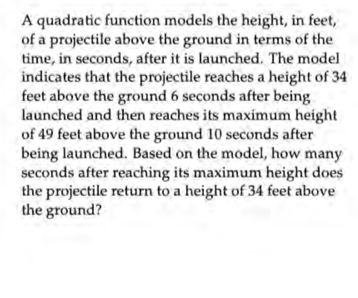 A quadratic function models the height, in | StudyX