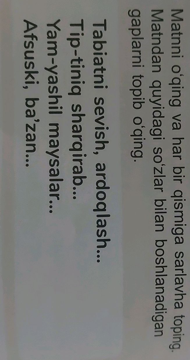 Matnni o'qing va har bir qismiga sarlavha | StudyX