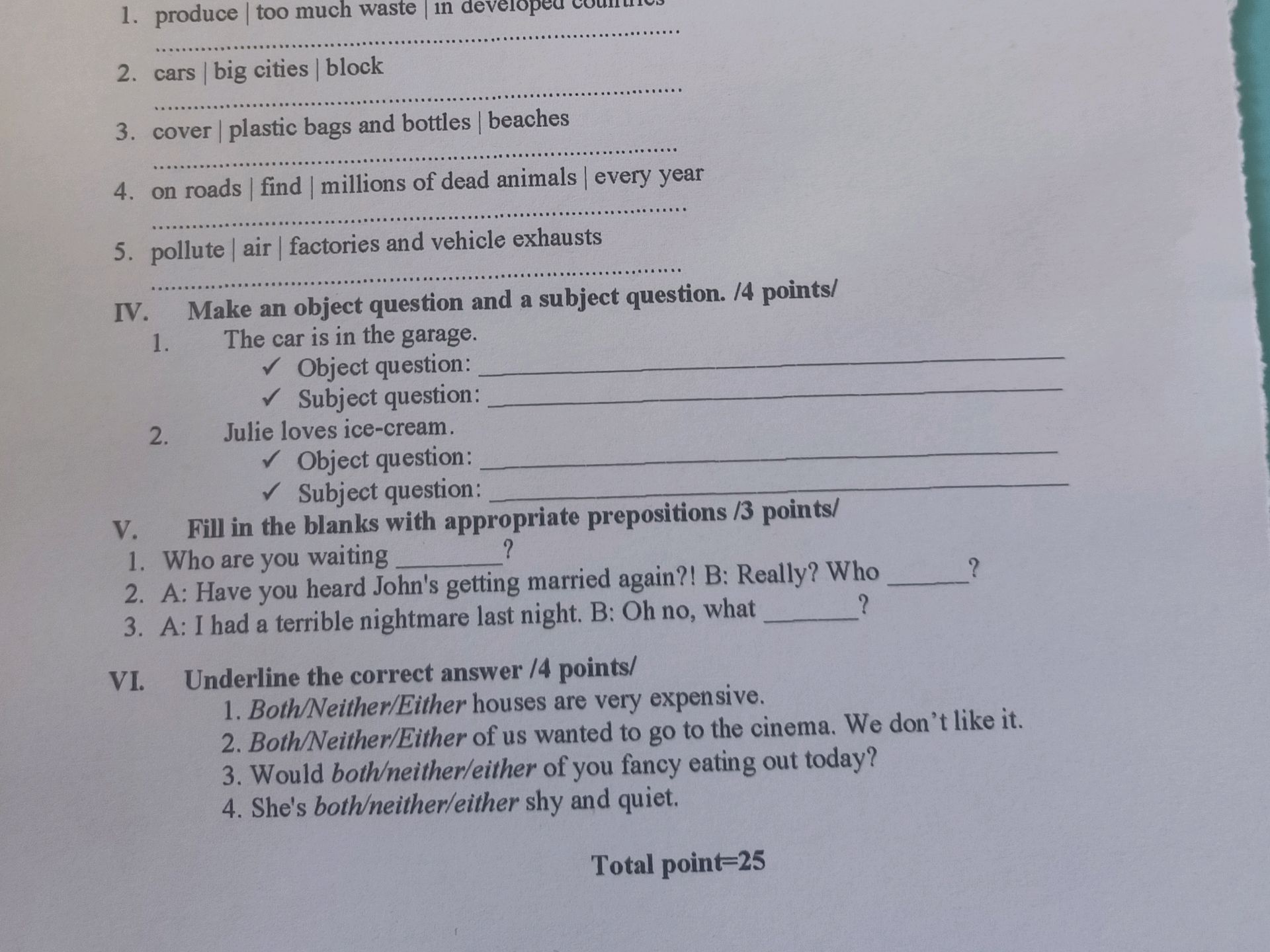 IV. Make an object question and a subject | StudyX