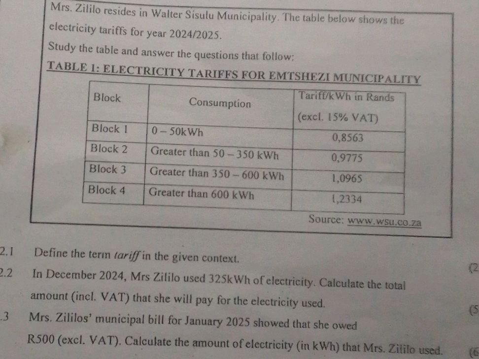 TABLE 1: ELECTRICITY TARIFFS FOR EMTSHEZI | StudyX