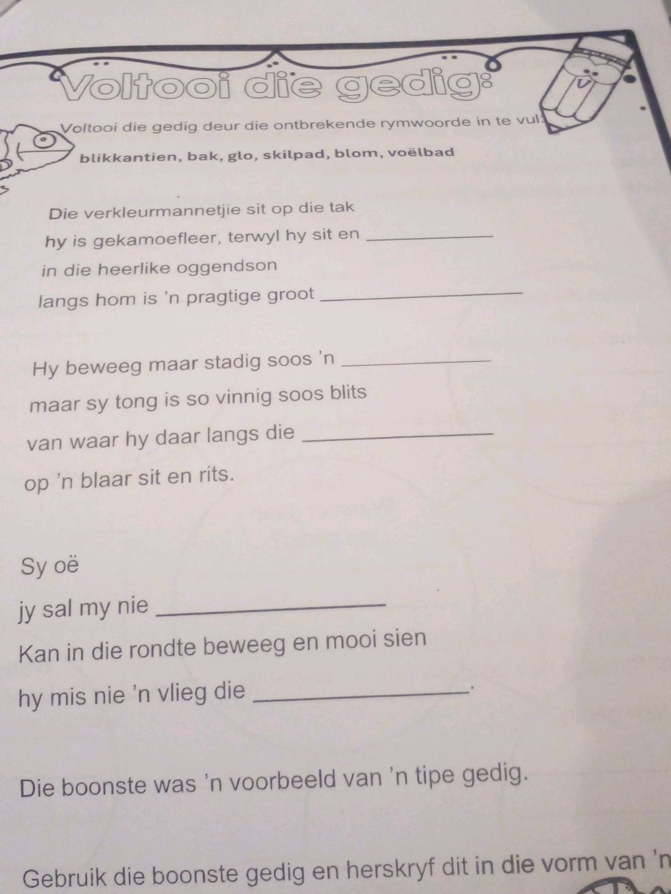 Voltooi die gedig: Voltooi die gedig deur