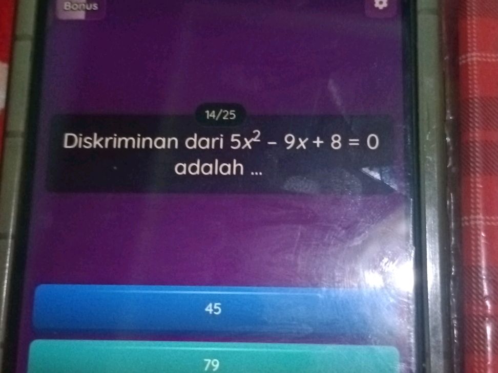 Diskriminan dari $5x^2 - 9x + 8 = 0$ adalah | StudyX
