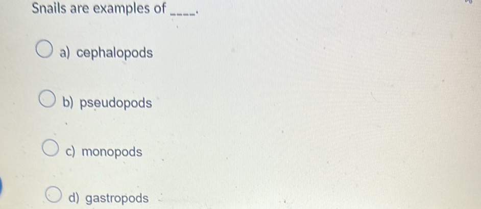 Snails are examples of ____. a) cephalopods | StudyX
