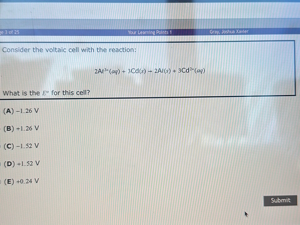 Consider the voltaic cell with the reaction: | StudyX
