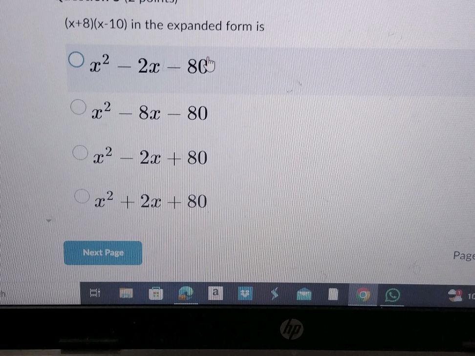 (x+8)(x-10) in the expanded form is $x^2 - | StudyX
