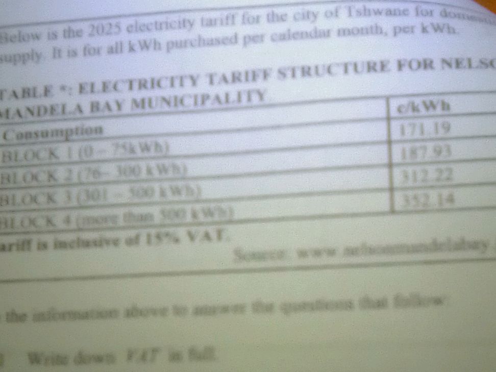 TABLE *: ELECTRICITY TARIFF STRUCTURE FOR | StudyX