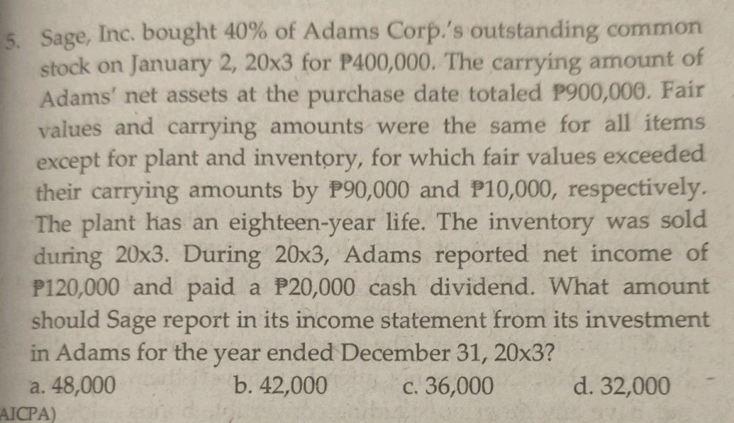 Sage, Inc. bought 40% of Adams Corp.'s