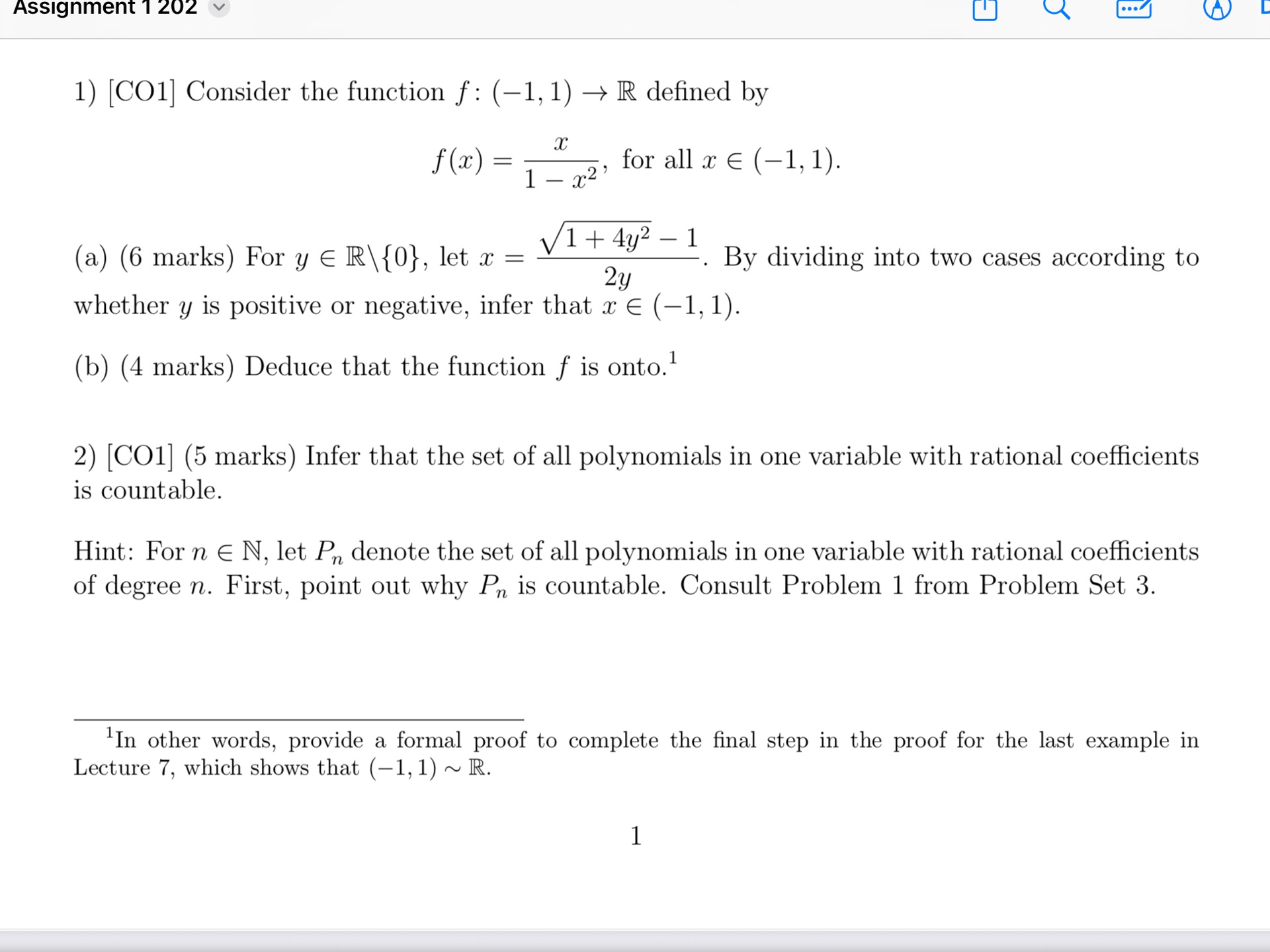 1) [CO1] Consider the function $f: (-1,1) | StudyX