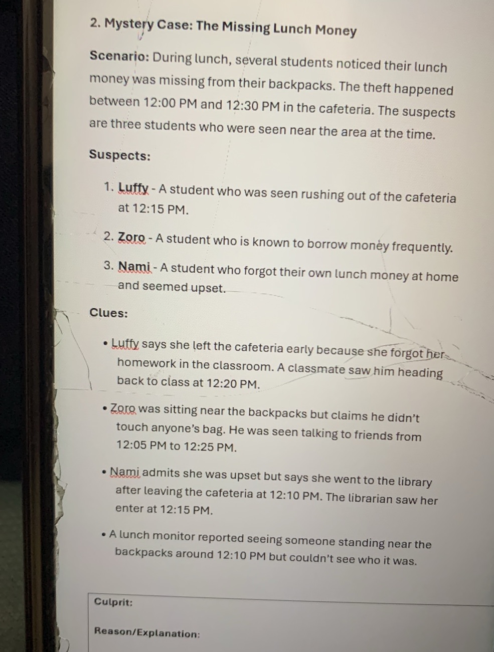 2. Mystery Case: The Missing Lunch Money | StudyX