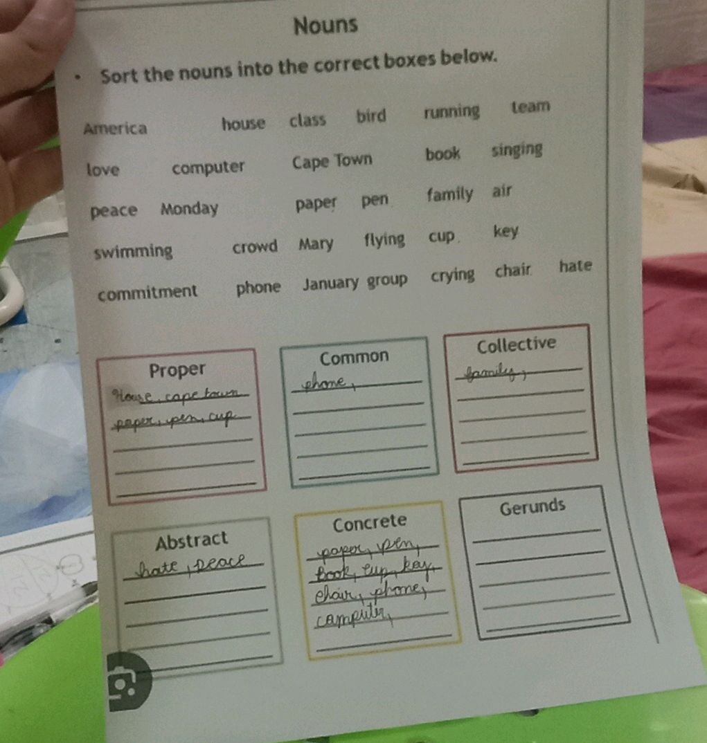 Sort the nouns into the correct boxes below. | StudyX