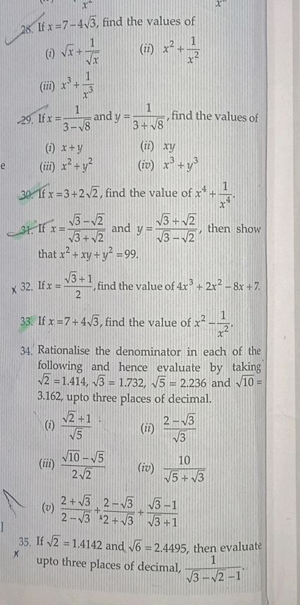 28. If $x = 7 - 4\/sqrt{3}$, find the values | StudyX