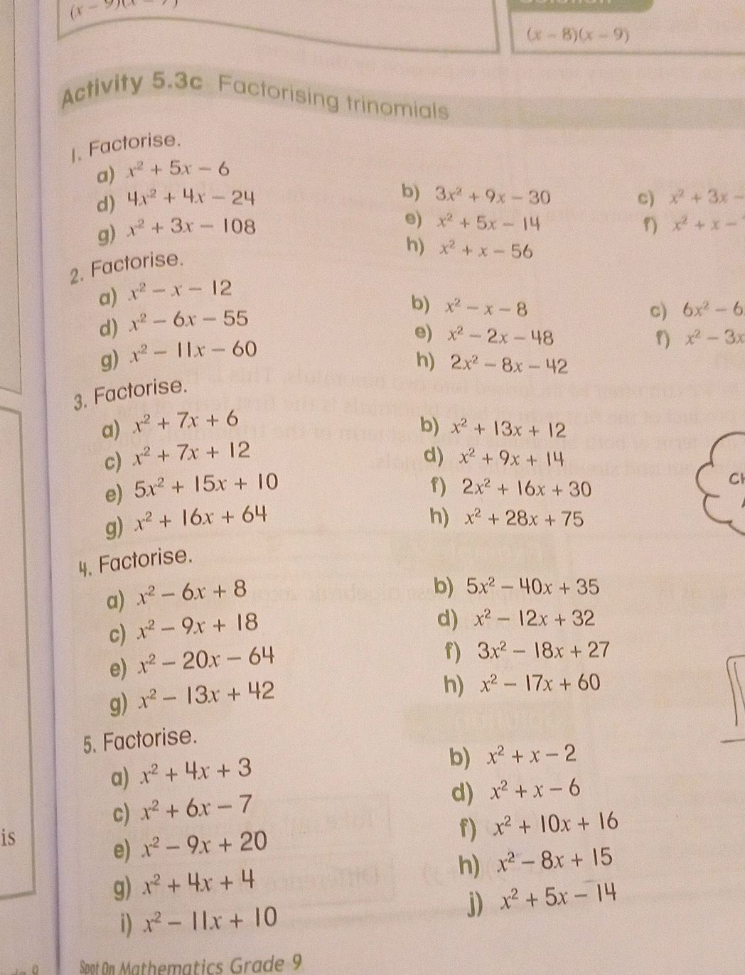 Activity 5.3c Factorising trinomials 1. | StudyX