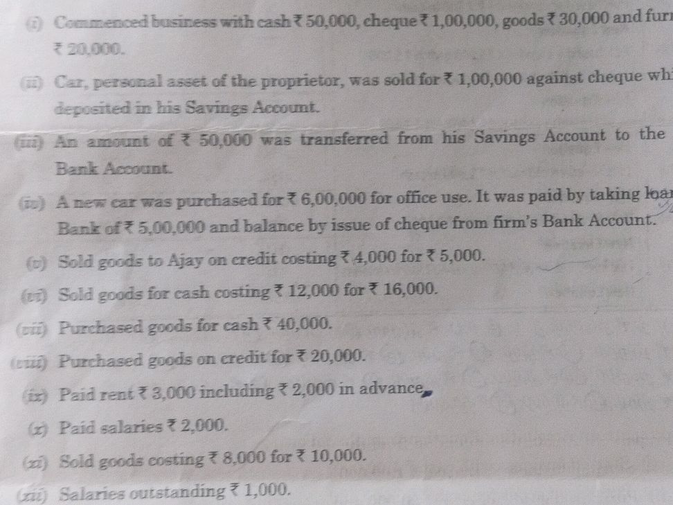 (i) Commenced business with cash ₹50,000, | StudyX